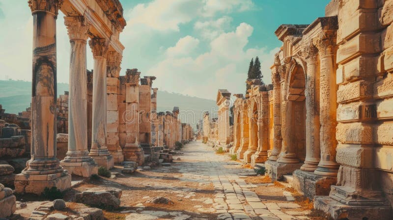 A Urban Street Scene with Stone Pillars and Columns Lining the Road ...
