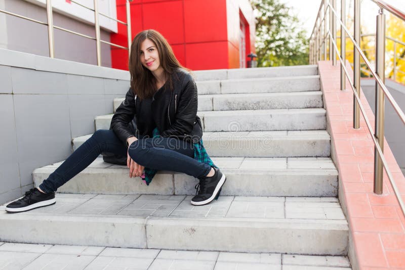 Urban Student Girl Posing in a Leather Jacket Outdoors in the City ...