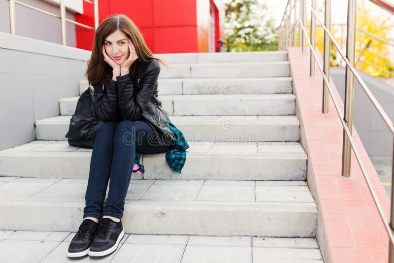 Urban Student Girl Posing in a Leather Jacket Outdoors in the City ...