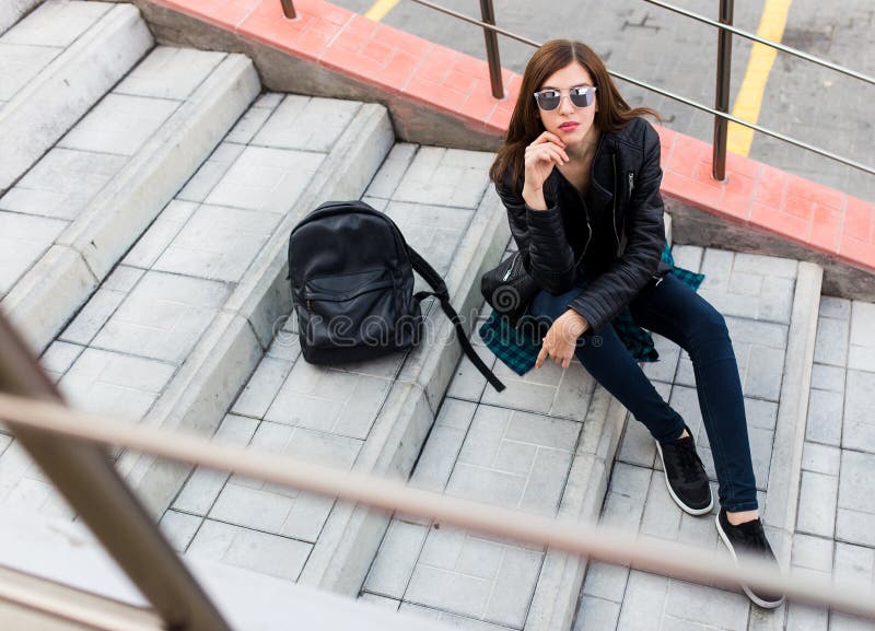 Urban Student Girl Posing in a Leather Jacket Outdoors in the City ...