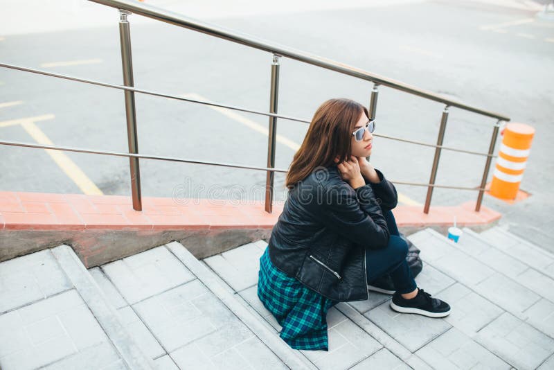 Urban Student Girl Posing in a Leather Jacket Outdoors in the City ...