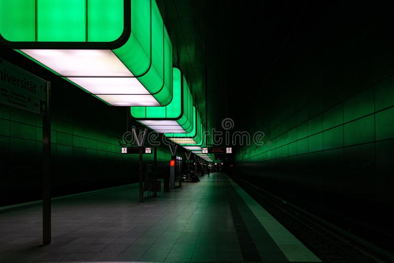 Urban Subway Platform Illuminated by Green Lighting. Editorial Stock ...