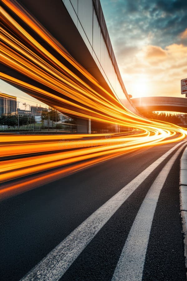 Urban Sunset with Light Trails on a Curved Highway Stock Image - Image ...