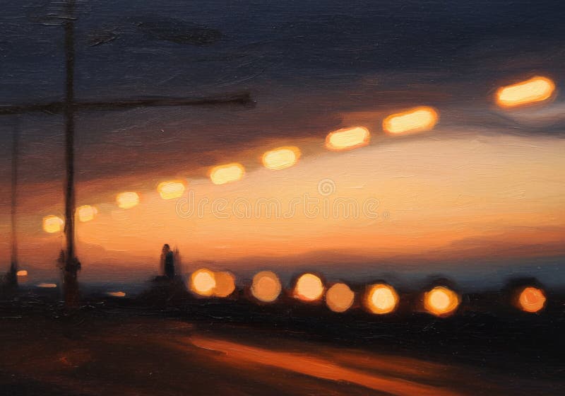 Urban Sunset with Warm Lighting and City Lights Stock Illustration ...