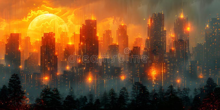 Urban Tech Sunset: Modern Building S Abstract Shadows & Glowing Server ...