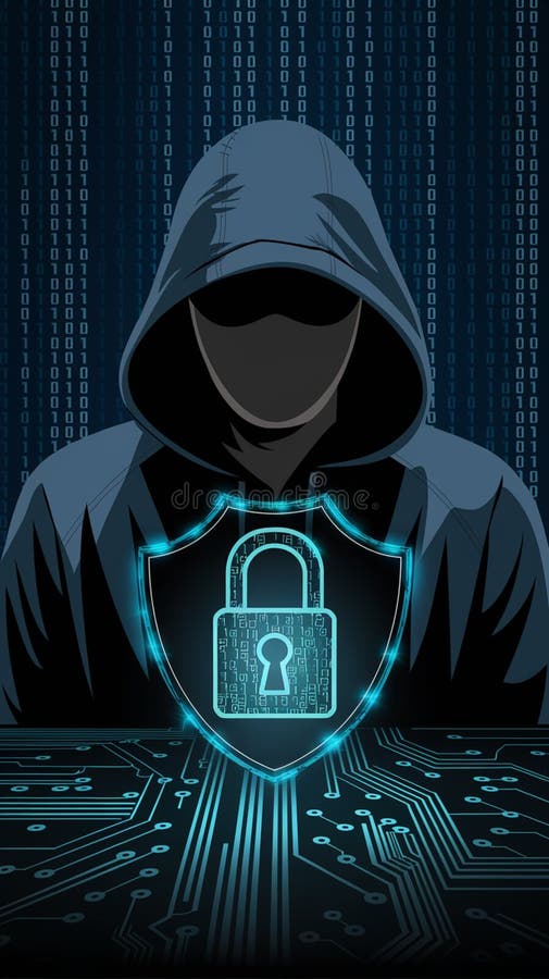 Hooded Figure with Binary Code and Holographic Padlock, Emphasizing ...
