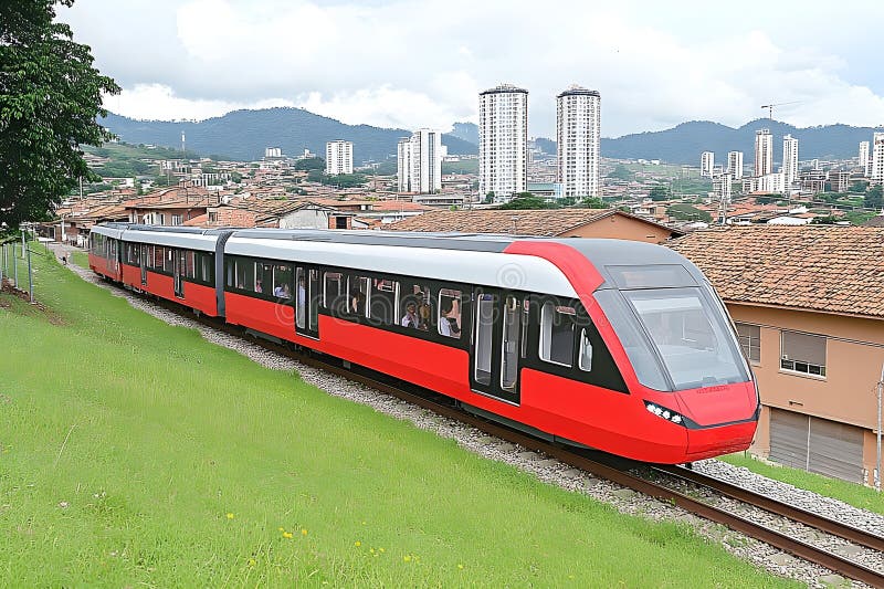 Modern Red Train in Cityscape Stock Illustration - Illustration of ...