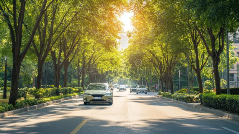 Urban Tranquility on Sunlit Tree-lined Boulevard for Cityscape Design ...
