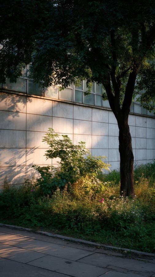 Urban Tranquility Tree Silhouette Against Tiled Wall Lit by Golden Hour ...