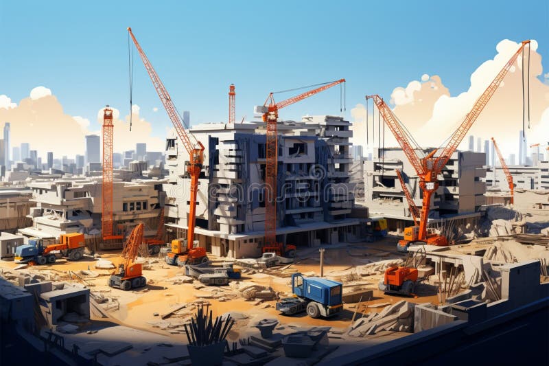 Urban Transformation Vector Construction Site with Cranes and Building ...