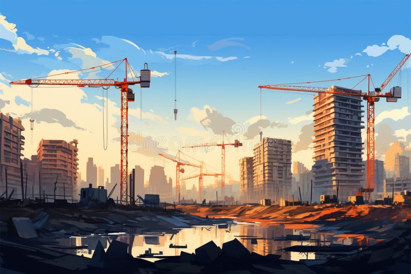 Urban Transformation Vector Construction Site with Cranes and Building ...