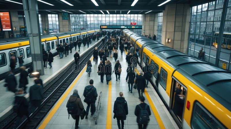 Urban Transit Station, Crowded Platform, Commuters Boarding Train ...