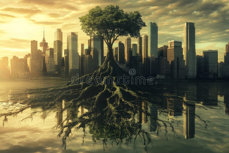 Urban Tree with Roots Reflecting in Water Against City Skyline Stock ...