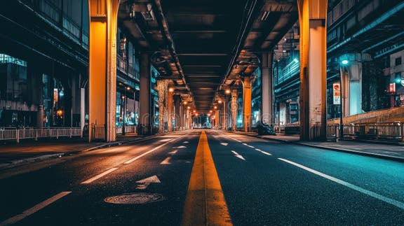 Urban Underpass: Neon Nightscape Under the Elevated Structure Stock Illustration - Illustration ...