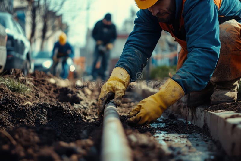 Urban Utility Workers Install Plastic Pipes in Open Trench Stock Image ...