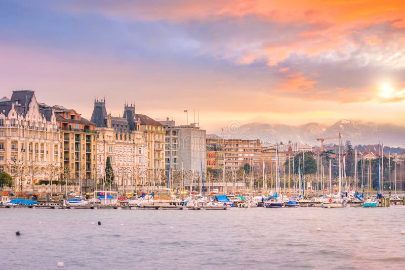 Geneva skyline at sunset stock photo. Image of switzerland - 209385636