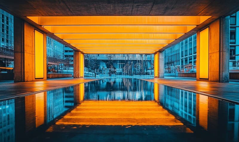 Urban Walkway with Illuminated Pillars Reflecting in Water Stock ...