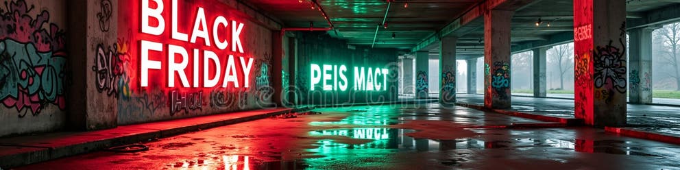 Urban Warehouse with Black Friday Neon Lights and Graffiti Art Stock ...
