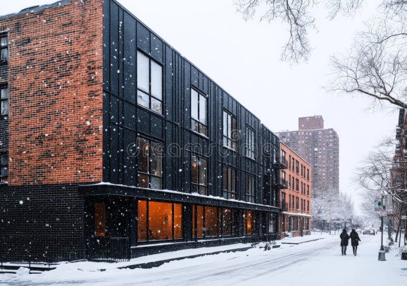 Urban Winter Scene with Snowfall on Modern Brick Buildings Stock Image ...