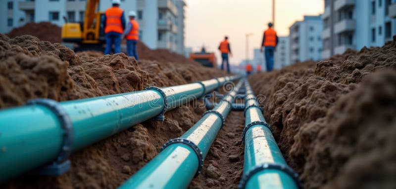 Urban Workers Install Underground Water Pipes, Cables. Construction ...