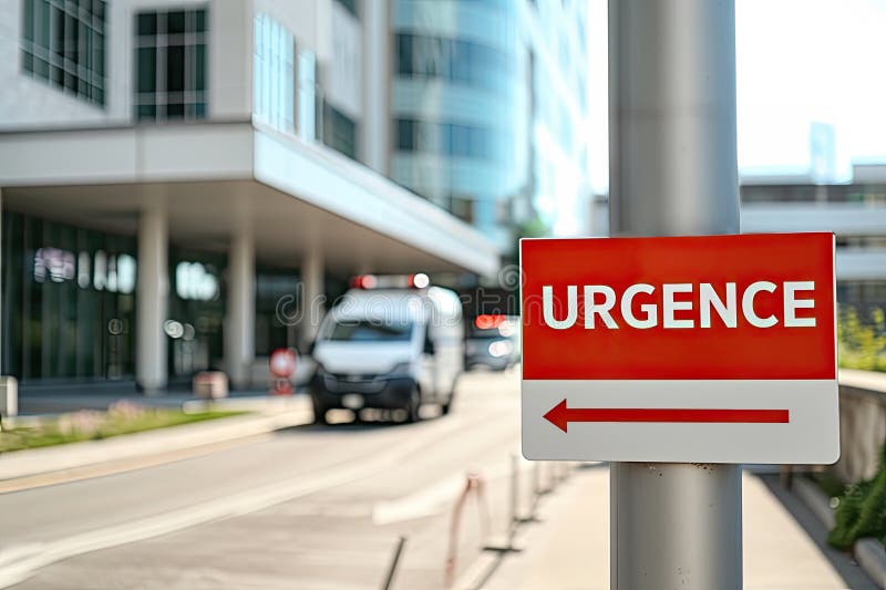 Urgence Sign in Front of a Hospital with an Ambulance in Background ...