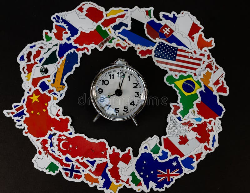 Urgency and Global Unity Concept with Clock and Country Flags Stock ...