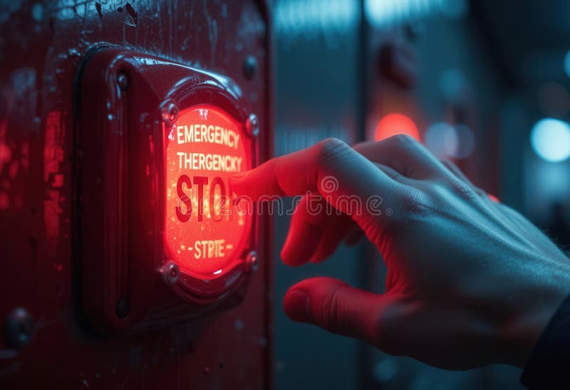 Urgent Action at the Emergency Stop Button in a Dimly Lit Space Stock ...