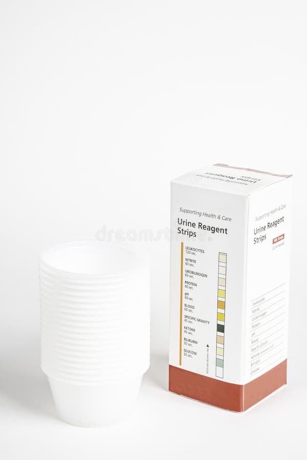 Urine Strips Box and a Stack of Plastic Containers Stock Photo - Image ...