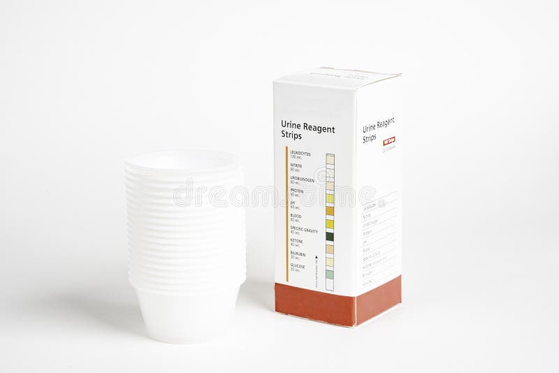 Urine Strips Box and a Stack of Plastic Containers Stock Photo - Image ...