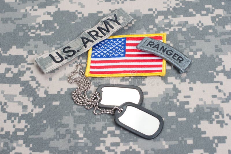 US ARMY Ranger Tab with Blank Dog Tags on Camouflage Uniform Editorial ...