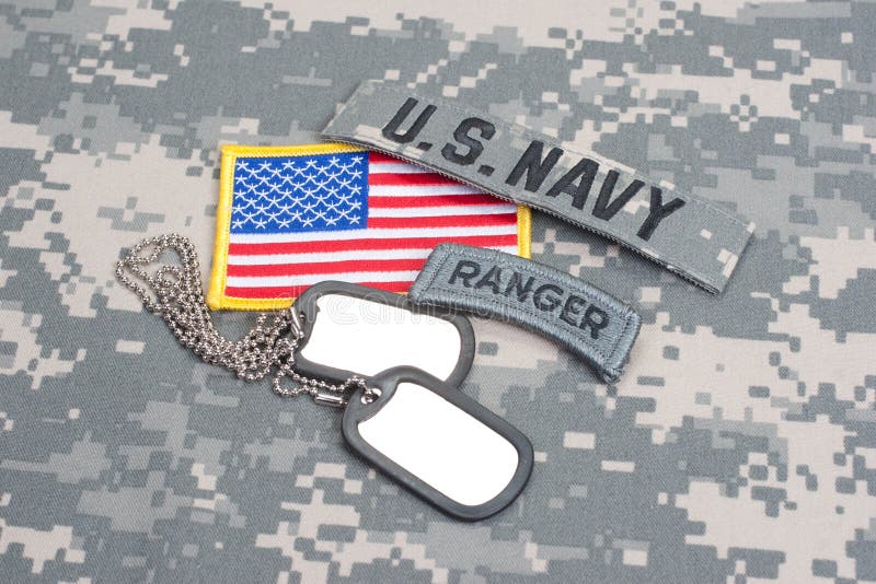 US ARMY Ranger Tab with Blank Dog Tags on Camouflage Uniform Editorial ...