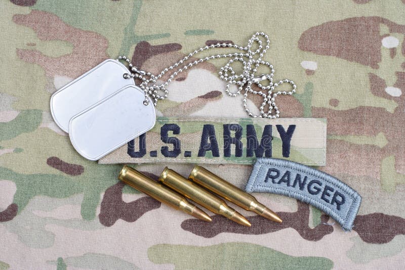 US ARMY Ranger Tab, Flag Patch, with Dog Tag and 5.56 Mm Rounds on ...
