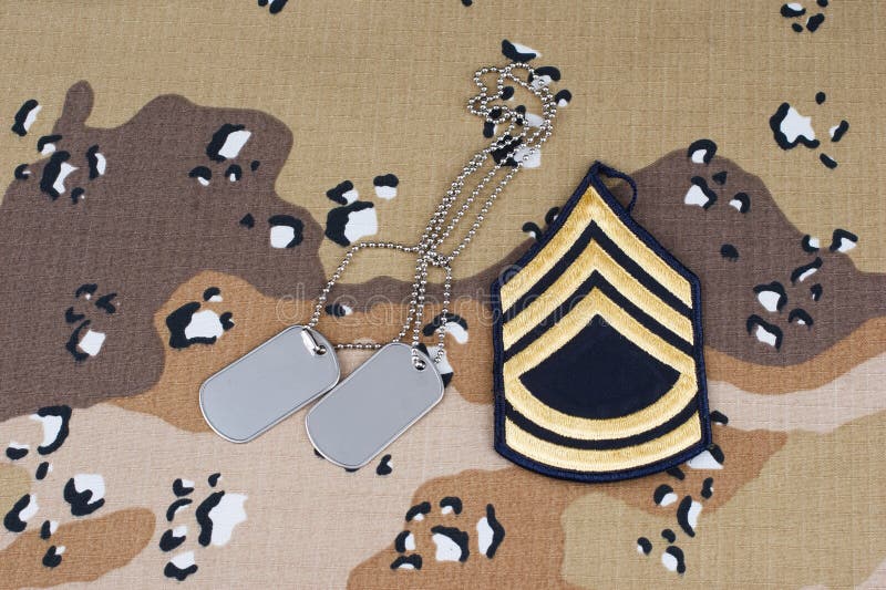 US ARMY Sergeant First Class Rank Patch and Dog Tags on Desert Battle ...