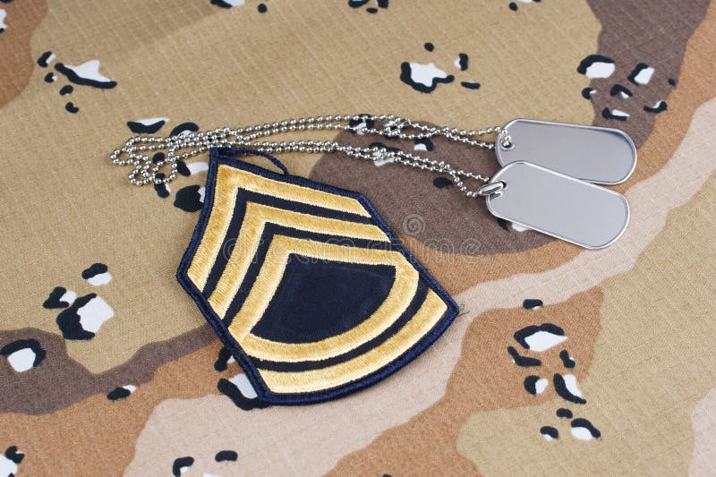 US ARMY Sergeant First Class Rank Patch and Dog Tags on Desert Battle ...