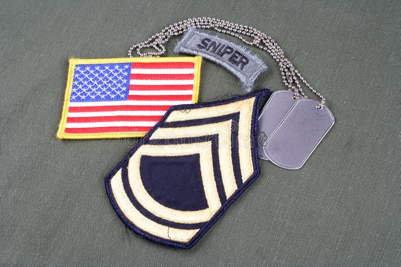 US ARMY Sergeant First Class Rank Patch, Sniper Tab, Flag Patch and Dog ...