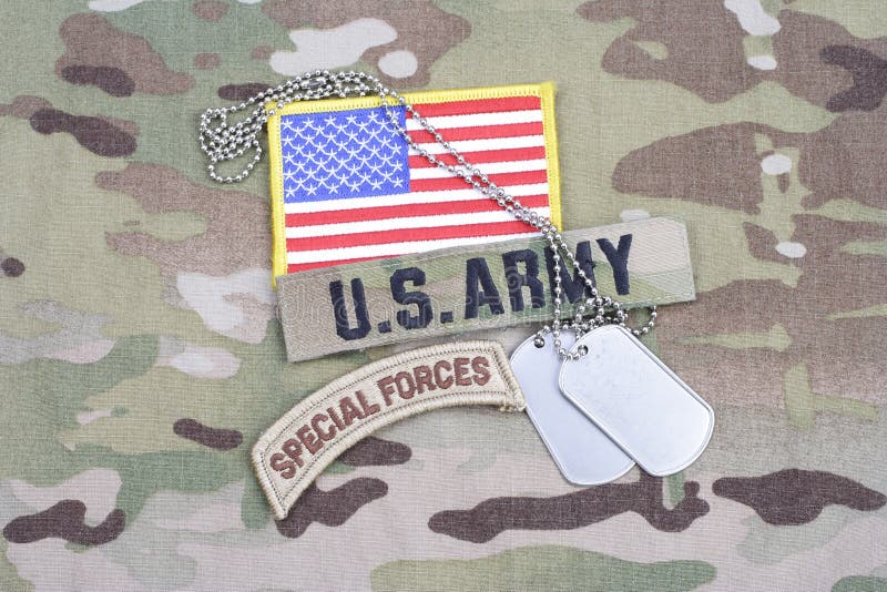US ARMY Special Forces Tab, Flag Patch, with Dog Tag on Camouflage ...