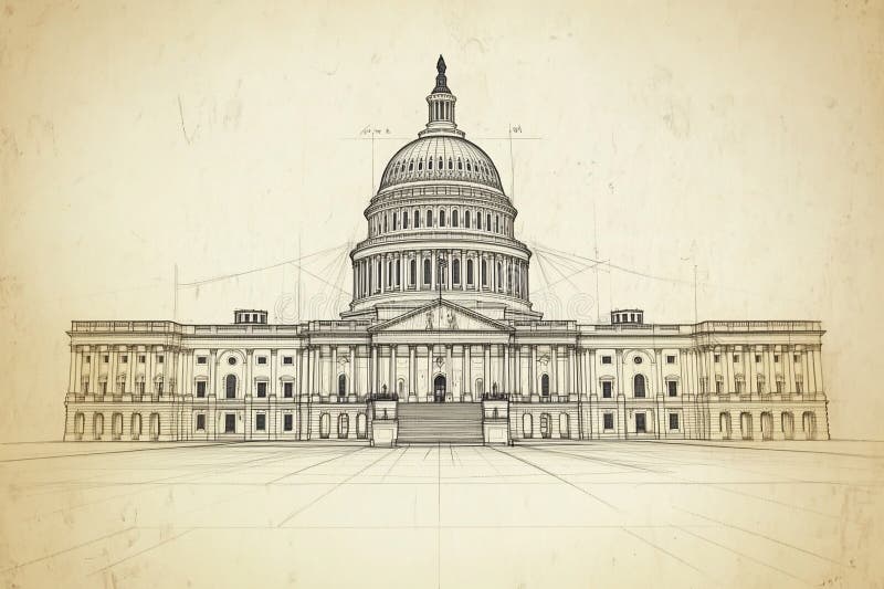US Capitol Building Sketch with Drafting Lines for Architecture Design ...