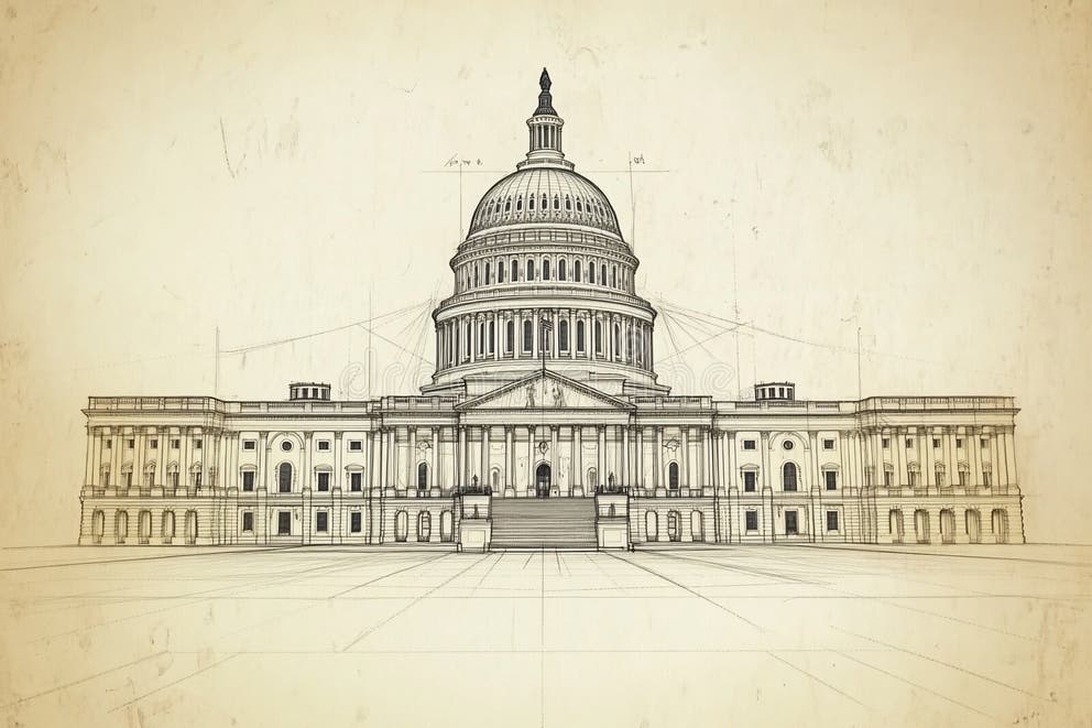 US Capitol Building Sketch with Drafting Lines for Architecture Design ...