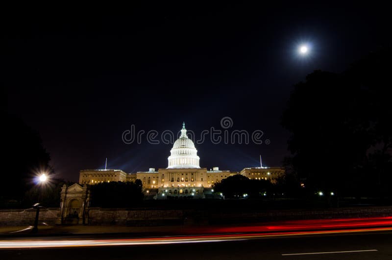 US Capitol from Street in Moonlight - Washington Stock Photo - Image of ...