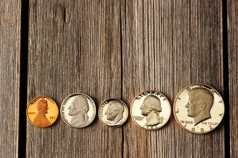 US Cent Coins Over Wooden Background Stock Image - Image of dime ...