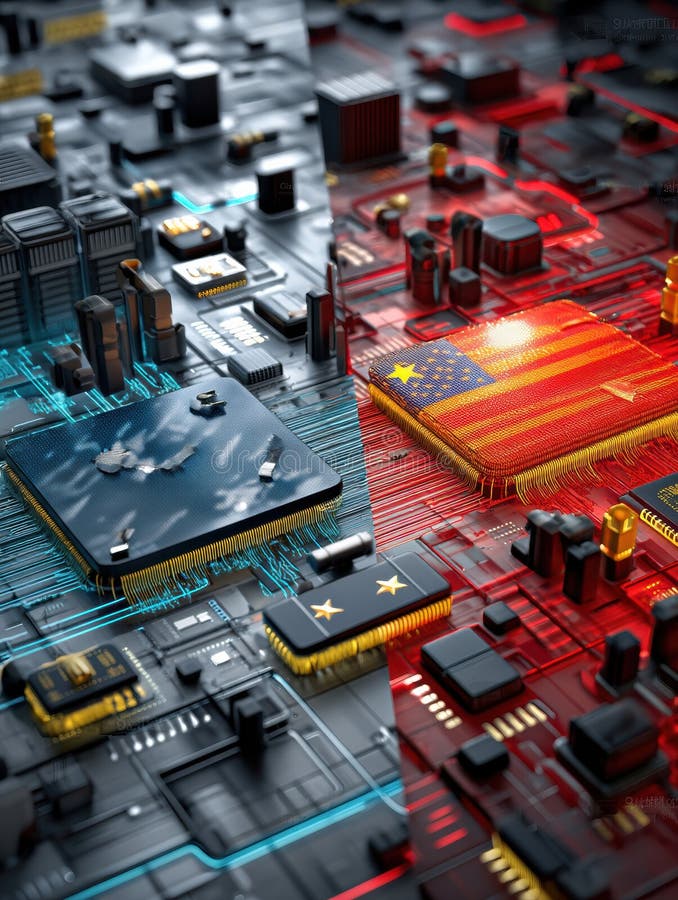 US and China Chip Clash on a Futuristic Digital Battlefield Showcasing ...