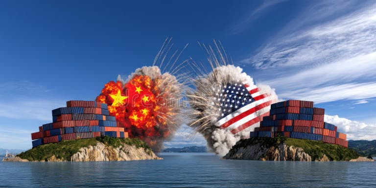 US China Trade War Exploding Shipping Containers and Flags Stock ...