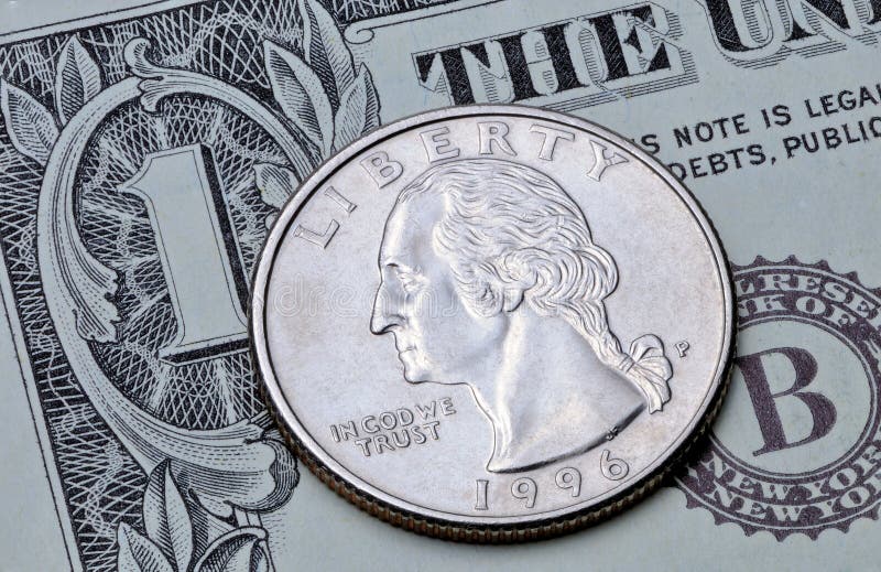 US Coin Quarter Dollar on One Dollar Bill. Stock Image - Image of ...