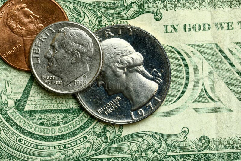 US Currency Concept of Three Coins Coin on Dollar Note Stock Image ...