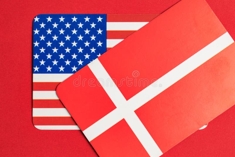 Us and Denmark Flags Overlapping on Red Background Stock Photo - Image ...