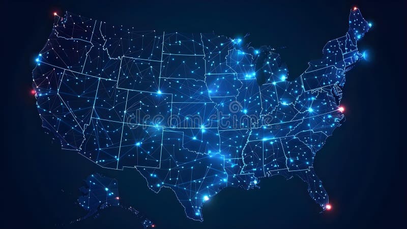 US Digital Network Map - Tech Synapses Spark Across America. Concept ...