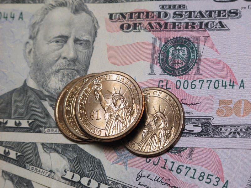 US Dollar Coins and $50 Bills Stock Image - Image of american, fifty ...