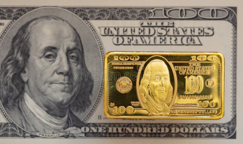 US 100 Dollar Golden Bar Die Cut Stamp on US 100 Dollar Banknote ...