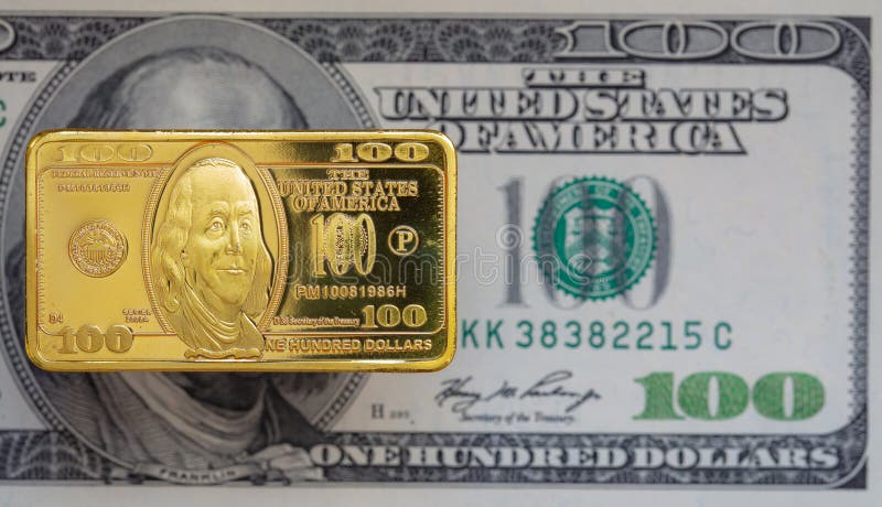 US 100 Dollar Golden Bar Die Cut Stamp on US 100 Dollar Banknote ...
