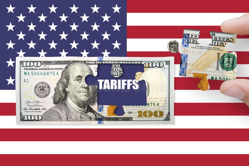 100 USA Dollar Note on a USA Flag with Word TARIFFS Stock Illustration ...
